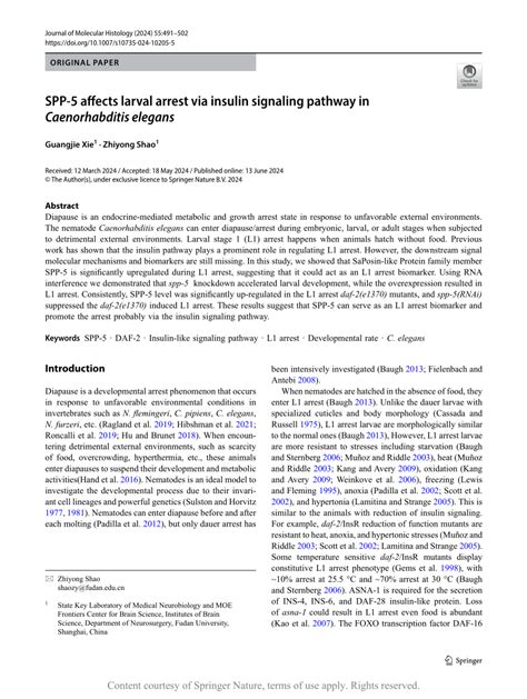 Spp 5 Affects Larval Arrest Via Insulin Signaling Pathway In Caenorhabditis Elegans
