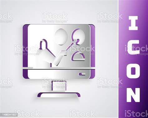 종이 는 회색 배경에 고립 된 온라인 교육 및 졸업 아이콘을 잘라 모니터에 온라인 교사 웨비나 및 비디오 세미나 학습 종이 아트 스타일 벡터 일러스트레이션 3차원 형태에