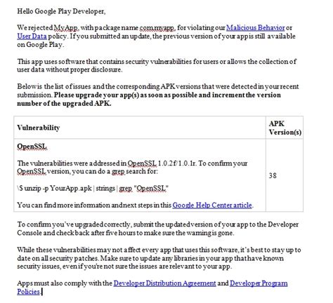 Android Application Rejection Due To Openssl Stack Overflow