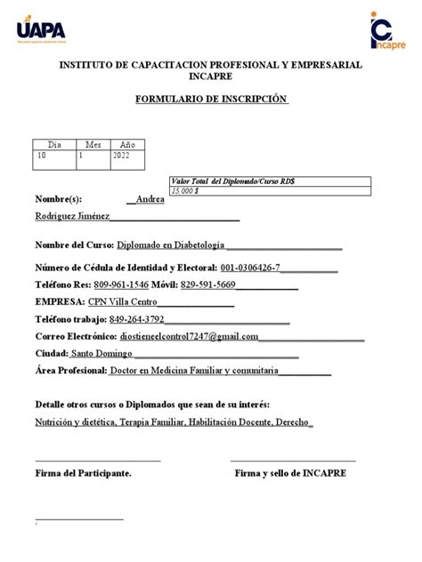 Formulario De Inscripcion Pdf