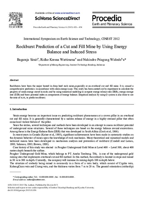 Pdf Rockburst Prediction Of A Cut And Fill Mine By Using Energy