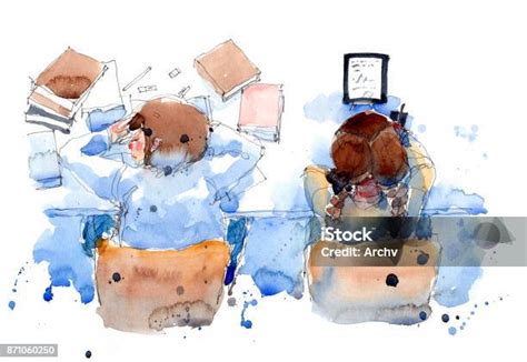 수채화 그림 E리더와 함께 여자와 책 더미 스캔 하는 전통적인 삽화와 함께 그녀의 친구의 그림 세트 거친에 대한 스톡 벡터 아트 및 기타 이미지 Istock