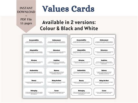 Personal Values Card Exercise For Values Exploration Cards Printable