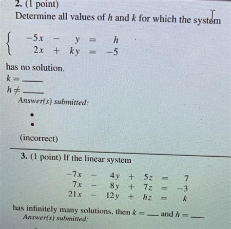 solved 2 1 point determine all values of h and k for