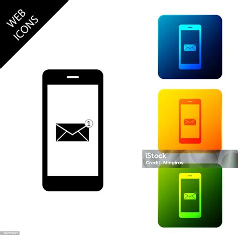 수신된 메시지 개념입니다 격리 된 스마트 폰 화면 아이콘에 새로운 이메일 알림 전화기 화면에 새 메시지 메일 편 배송 서비스 설정 아이콘 다채로운 사각형 버튼 벡터