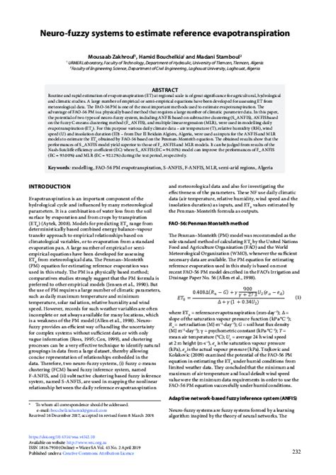 Pdf Neuro Fuzzy Systems To Estimate Reference Evapotranspiration Mousaab Zakhrouf