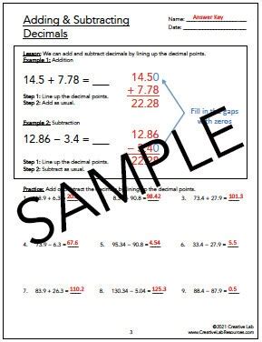 Adding And Subtracting Decimals Lesson And Practice Questions