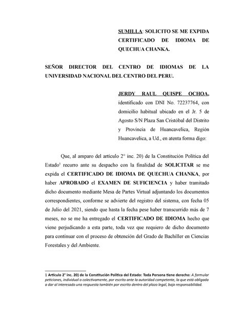 Solicito Expedicion De Certificado Quechua Sumilla Solicito Se Me
