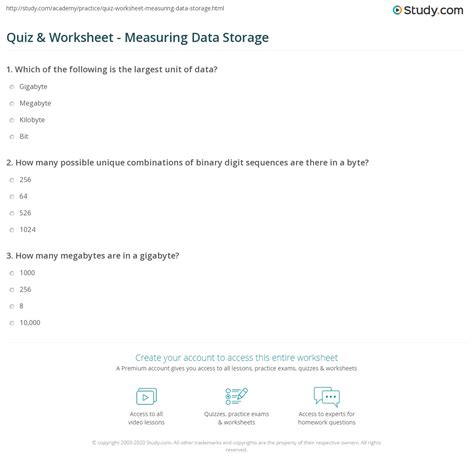 Quiz Worksheet Measuring Data Storage Study Com