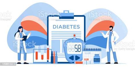 의학 당뇨병 유형 2 개념 설탕 수준을 측정하기위한 글루컴터 혈액 포도 당 미터 알 약 주사기와 유리병 인슐린 생산 실험실 테스트 장비와 의사 벡터 배너 템플릿 건강관리와