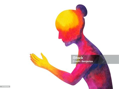 영적 여성 명상 정신 정신 영혼 건강 연결 우주 차크라 치유 Reiki 평화 요가 호흡 전체 론적 상상 영감을주는 치료 예술 디자인 일러스트 수채화 빨간 노란색 여성에 대한