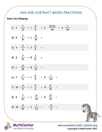 Sixth Grade Worksheets Adding Fractions Math Center
