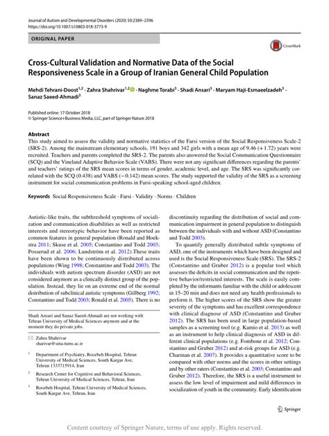 Cross Cultural Validation And Normative Data Of The Social Responsiveness Scale In A Group Of