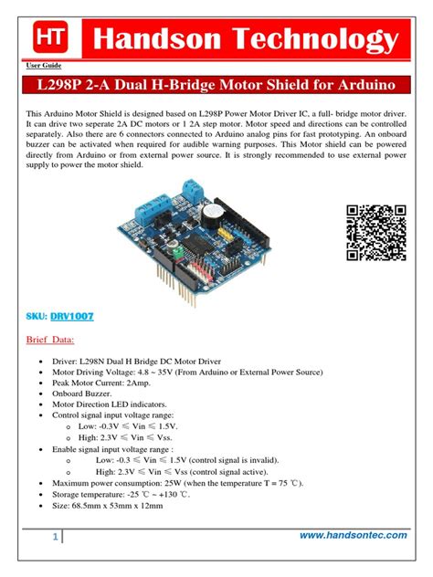 Handson Technology L298p 2 A Dual H Bridge Motor Shield For Arduino Pdf Arduino Electronics