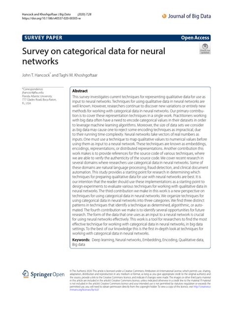Survey On Categorical Data For Neural Networks Open Access Survey
