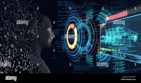 Composition Of Exploding Human Digital Head With Scopes Scanning And Data Processing Stock Photo
