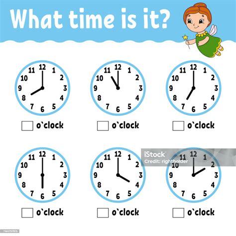 시계에 시간을 학습 어린이와 유아를위한 교육 활동 워크 시트 어린이를위한 게임 귀여운 만화 스타일의 간단한 평면 고립 벡터 일러스트 0명에 대한 스톡 벡터 아트 및 기타
