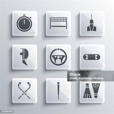 세트 야구 방망이 수영 고무 오리발 스케이트 보드 트릭 스티어링 휠 아이스 하키 스틱 펜싱 헬멧 마스크 스톱워치와 다트 화살표 아이콘 벡터 스포츠에 대한 스톡 벡터 아트 및