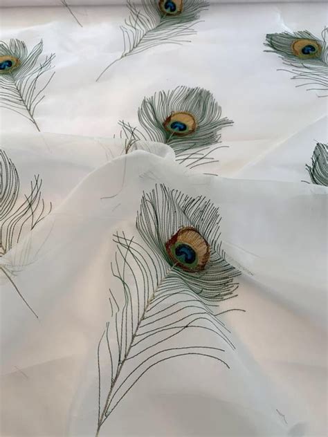 Embroidered Peacock Feathers On Super Wide Silk Organza Greenblue