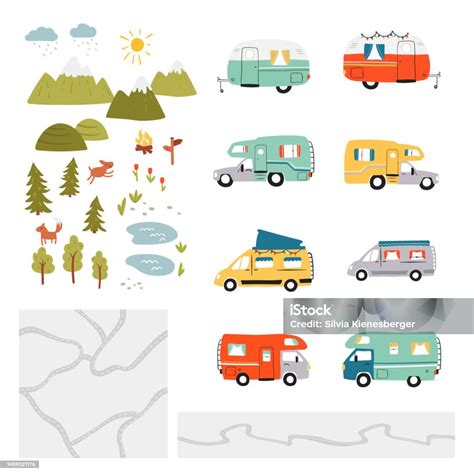 도로 여행 요소 낙서 캠핑카 밴라이프 모험 원활한 로드맵 산 및 숲 여행용 트레일러에 대한 스톡 벡터 아트 및 기타 이미지 여행용 트레일러 캠핑 캠핑카 Istock