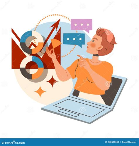 Woman Character Working With Information With Laptop And Chart Analyzing And Browsing Data