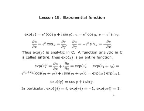Lecture 15 Lesson 15 Exponential Function Exp Z Ex Cos Y I Sin