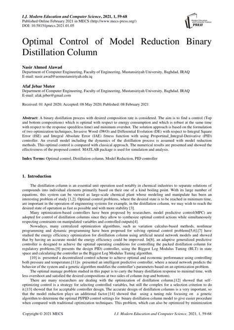 Pdf Optimal Control Of Model Reduction Binary Distillation Column