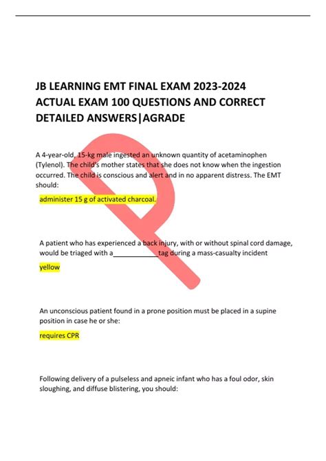 Jb Learning Emt Final Exam Actual Exam Questions And Correct Detailed Answers Agrade Jb