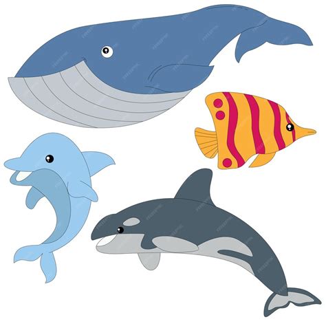 Das Farbenfrohe Wassertier Clipart Set Im Cartoon Stil Enthält 4 Wassertiere Für Kinder Und