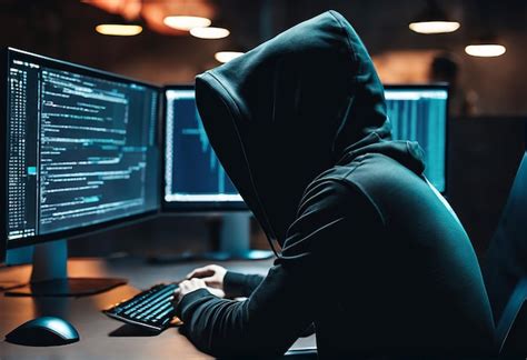 Premium Ai Image Hacker In Hoodie With Hood And Computer In The Room
