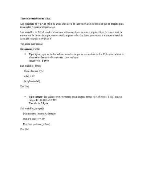 Tipos De Variables En Vba Las Variables En Vba Se Refieren A Una