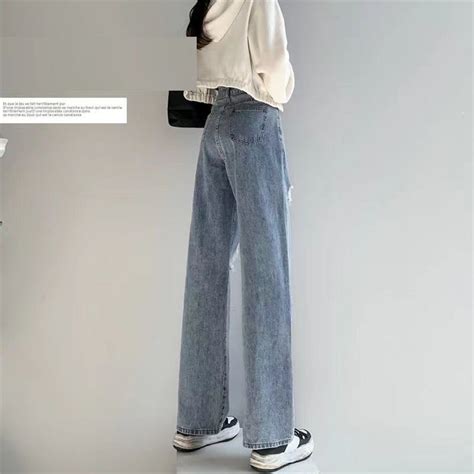 Badu Bg Пролет Есен Дамски скъсани дънки с висока талия Свободни прави панталони Панталони с