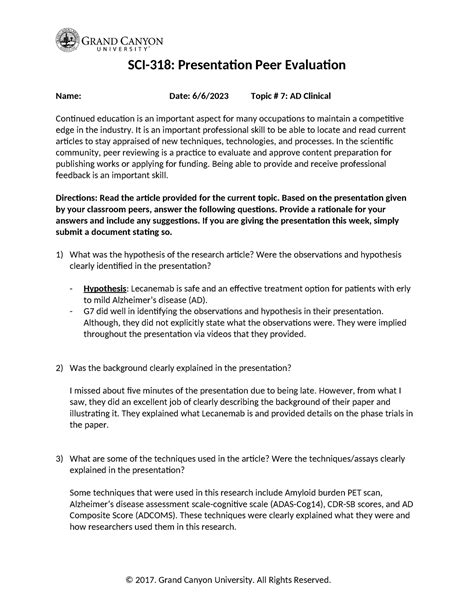 Peer Eval No 3 In Class Peer Review Sci 318 Presentation Peer