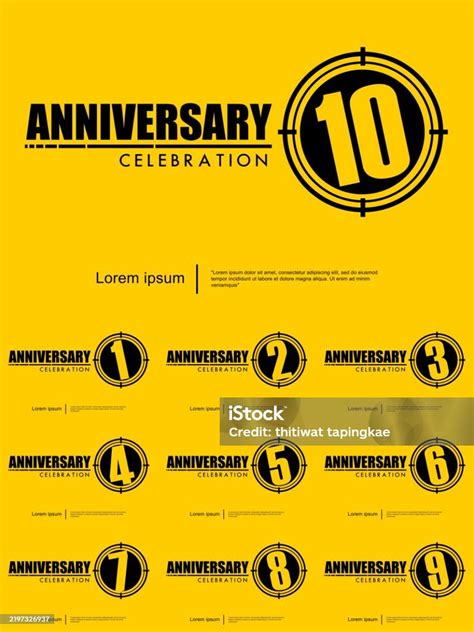 110 주년 기념 엠블럼 세트 노란색 배경에 대상 십자선으로 격리 된 검은 기념일 로고 웹 전단지 포스터 인사말 카드에 대 한 벡터 일러스트 레이 션 템플릿 디자인 10