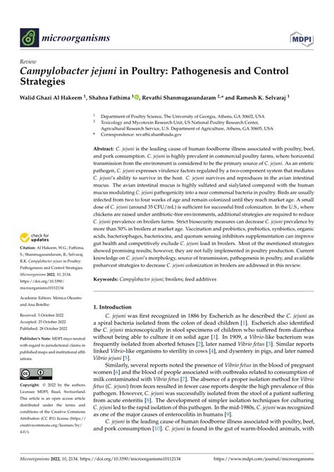 Pdf Campylobacter Jejuni In Poultry Pathogenesis And Control Strategies