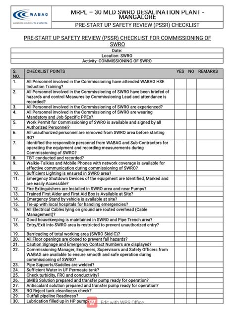 Pssr Checklist For Commissioning Of Swro Pdf