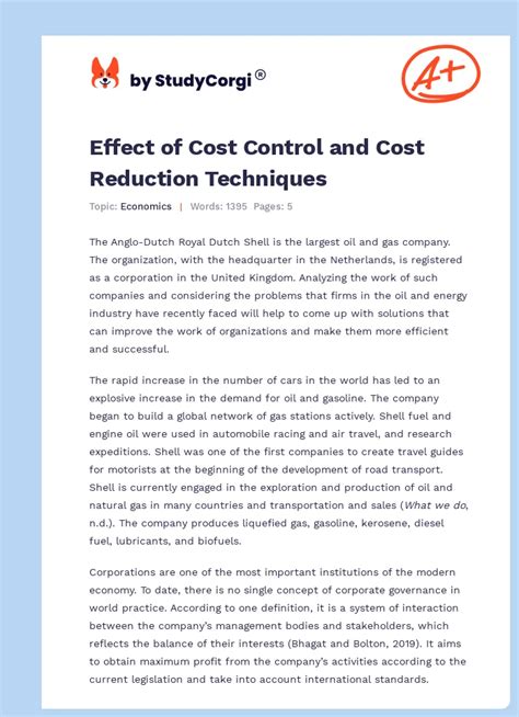 Effect Of Cost Control And Cost Reduction Techniques Free Essay Example