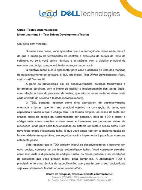 Testes Aula2 Micro3 Roteiro De Videoaula Pdf Desenvolvimento Guiado Por Testes Testes De