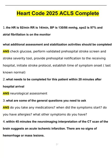 Heart Code 2025 Acls Complete Questions And Answers Latest 2024 2025 Verified Answers By