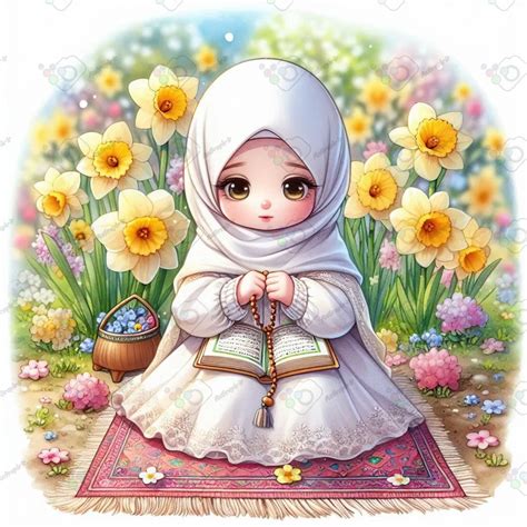 بک گراند کودکانه دختر ناز با حجاب در حال قرآن خواندن و ذکر گفتن با تسبیح در باغ گل نرگس کد 42145