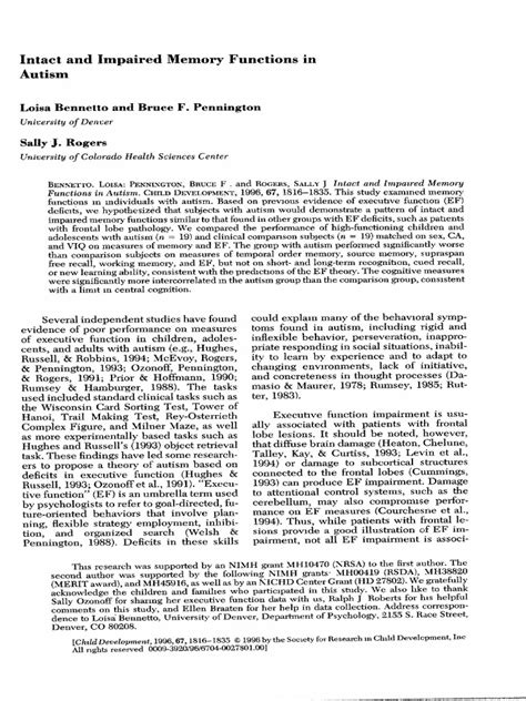 Intact And Impaired Memory Functions In Autism Pdf Memory Autism