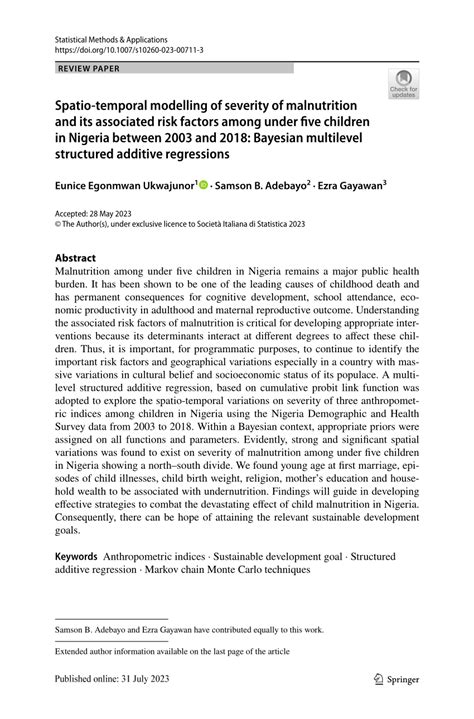 Pdf Spatio Temporal Modelling Of Severity Of Malnutrition And Its Associated Risk Factors