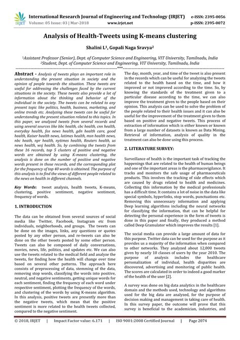Irjet Analysis Of Health Tweets Using K Means Clustering Pdf