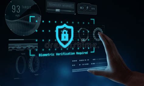 Hand Reaching Towards Futuristic Biometric Security Verification Screen Interface Stock
