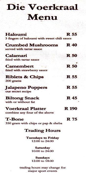 Menu At Die Voerkraal Pretoria