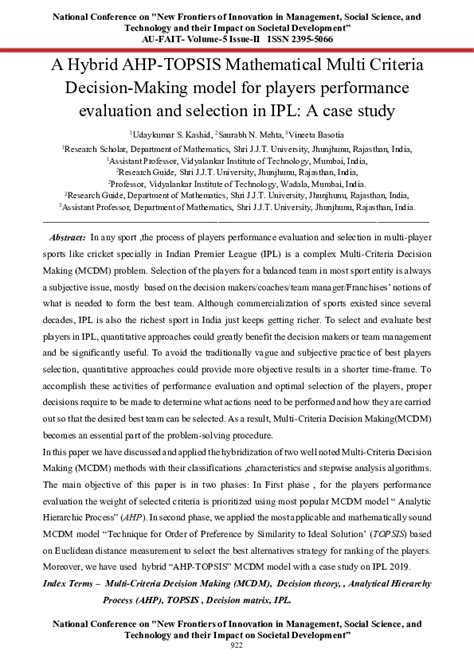 Pdf A Hybrid Ahp Topsis Mathematical Mcdm Model For Players