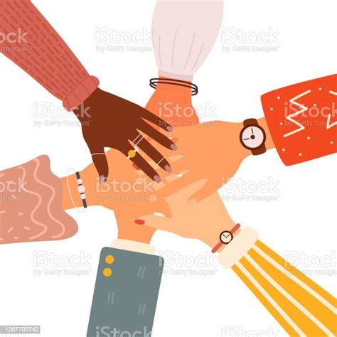 팀 작업의 개념입니다 단합과 팀워크 탑 뷰를 보여주는 손의 스택과 친구 사람들은 함께 손을 넣어 평면 만화 벡터 일러스트레이션입니다 다양에 대한 스톡 벡터 아트 및 기타