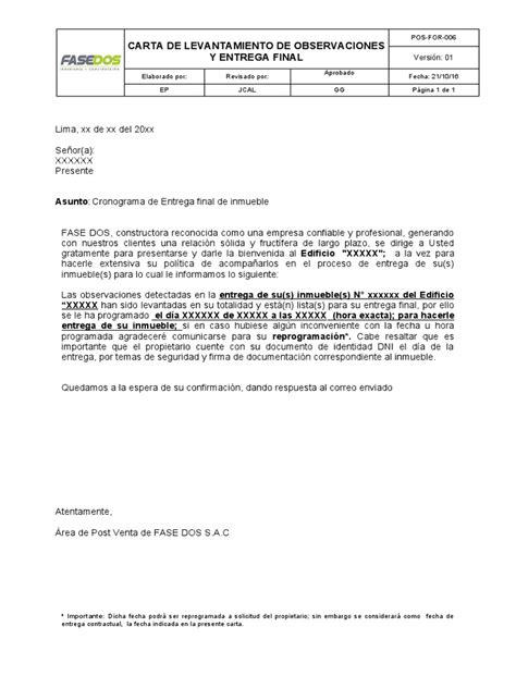 Pos For 006 Carta De Levantamiento De Observaciones Y Entrega Final Pdf