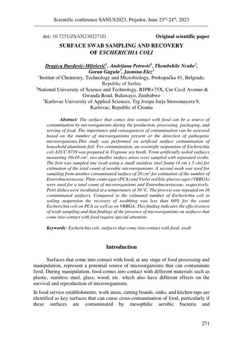 Pdf Surface Swab Sampling And Recovery Of Escherichia Coli