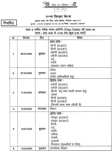 Madhya Pradesh 8th Board Time Table 2024 Mp Board Class 8th Time Table 2024 8th Class Time Table